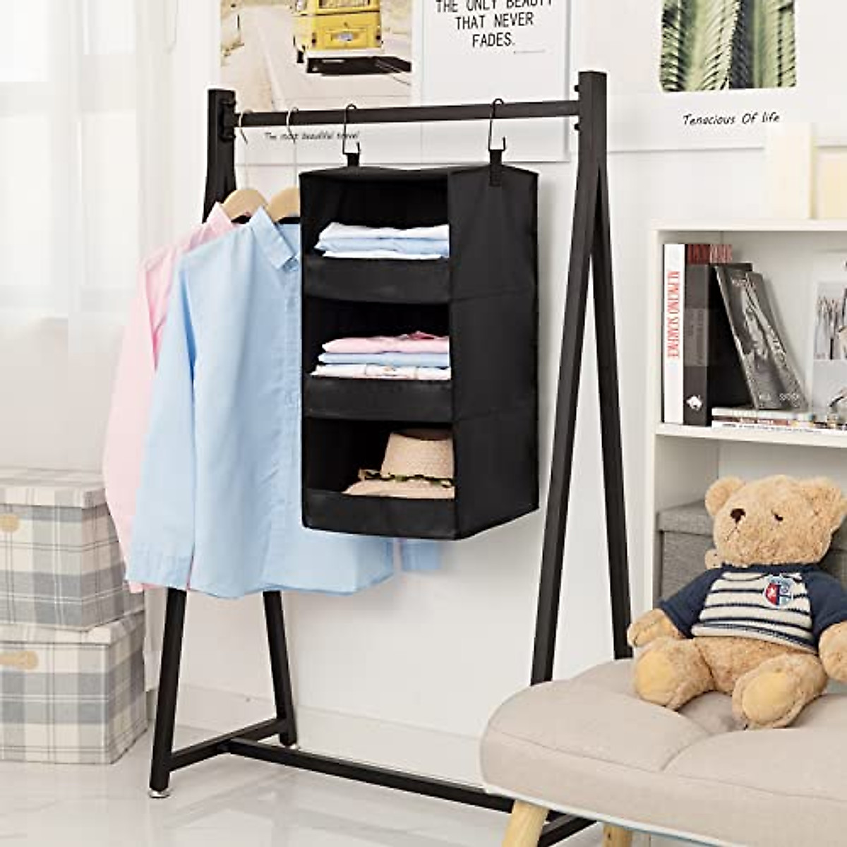 DonYeco 3-Shelf Hanging Closet Organizers and Storage, Collapsible Closet Storage Organizer, for RV Wardrobe Camp, Hanging Organizer for Shoes Toys Baby Clothes