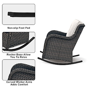 Rilyson Patio Chairs Outdoor Rocking Chair - 3 Piece Wicker Patio Bistro Set Rattan Patio Furniture Rocker Chairs and Side Table for Porch Deck Backyard Garden(Brown/Beige)