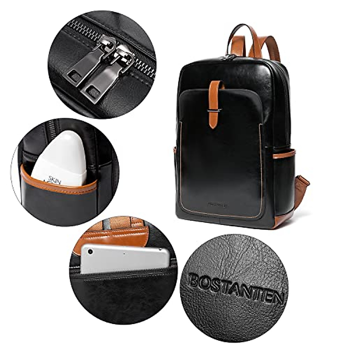 BOSTANTEN Leather Laptop Backpack Purses Casual College Casual Bags Daypack Black and Womens Leather Wallets RFID Blocking Large Capacity Credit Card Holder Phone Clutch Black with Brown