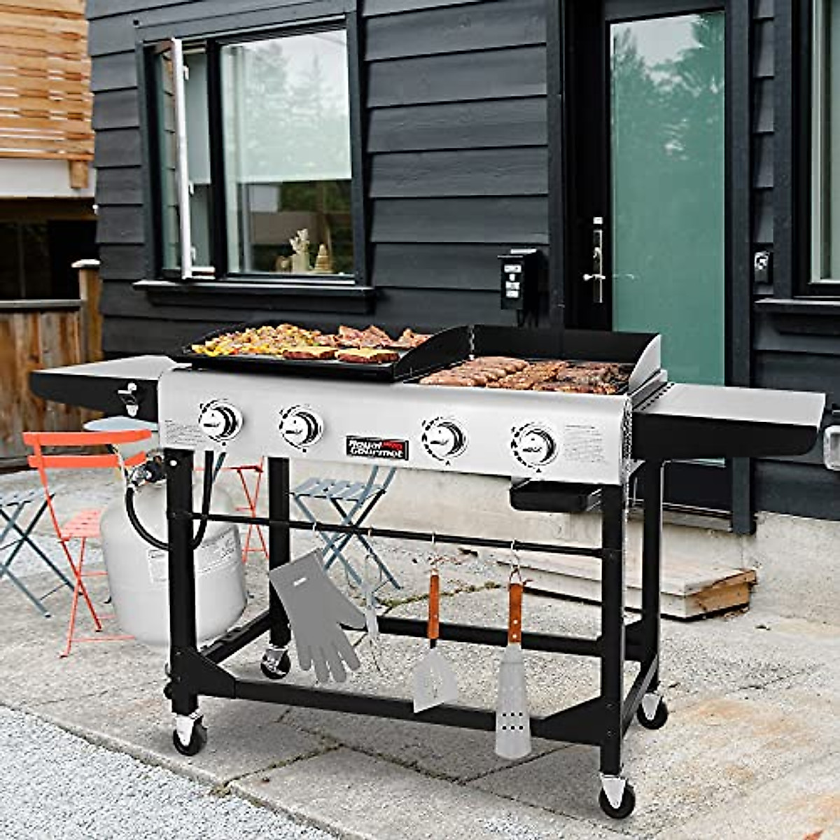 Royal Gourmet GD401 Portable Propane Gas Grill and Griddle Combo with Side Table | 4-Burner, Folding Legs,Versatile, Outdoor | Black
