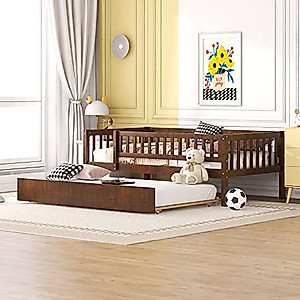 DEINPPA Twin Bed with Trundle, Kids Daybed Trundle Bed, Wooden Bed Frame with Fence Guardrails for Kids Children Toddlers Boys Girls-Walnut