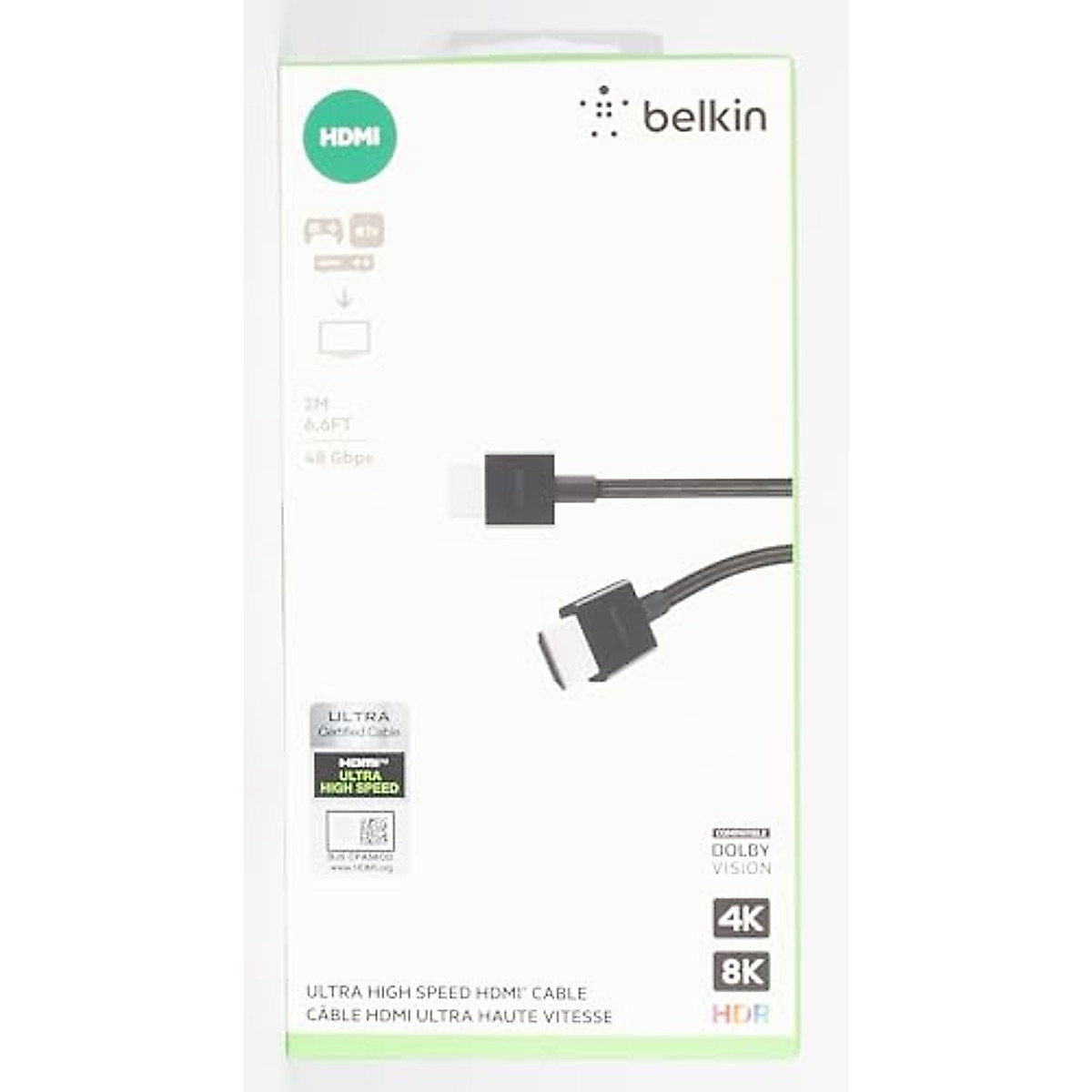 Belkin Ultra HD HDMI 2.1 Cable 6.6FT/2M, 4K Ultra High Speed HDMI Cable, 48Gbps HDMI 2.1 Braided Cord, Dolby Vision HDR & 8K@60Hz Capable, Compatible w/ Playstation, PS4, PS5, Xbox Series X & More