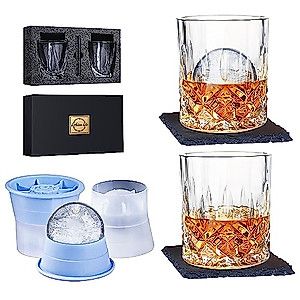 LIGHTEN LIFE Whiskey Glass Set (2 Crystal Bourbon Glass,2 Ice Molds,2 Coasters) in Gift Box,Non-Lead Old Fashioned Glass for Bourbon Scotch,Whiskey Rock Glasses with Ice Molds for Men