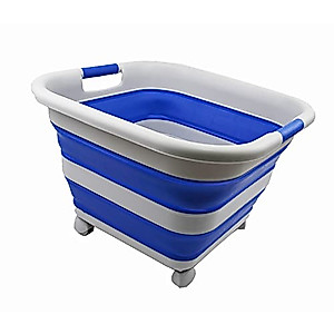 SAMMART 39L (10.3 Gallons) Collapsible Plastic Laundry Basket with Wheels-Foldable Pop Up Storage Container (1, Grey/Purplish Blue)