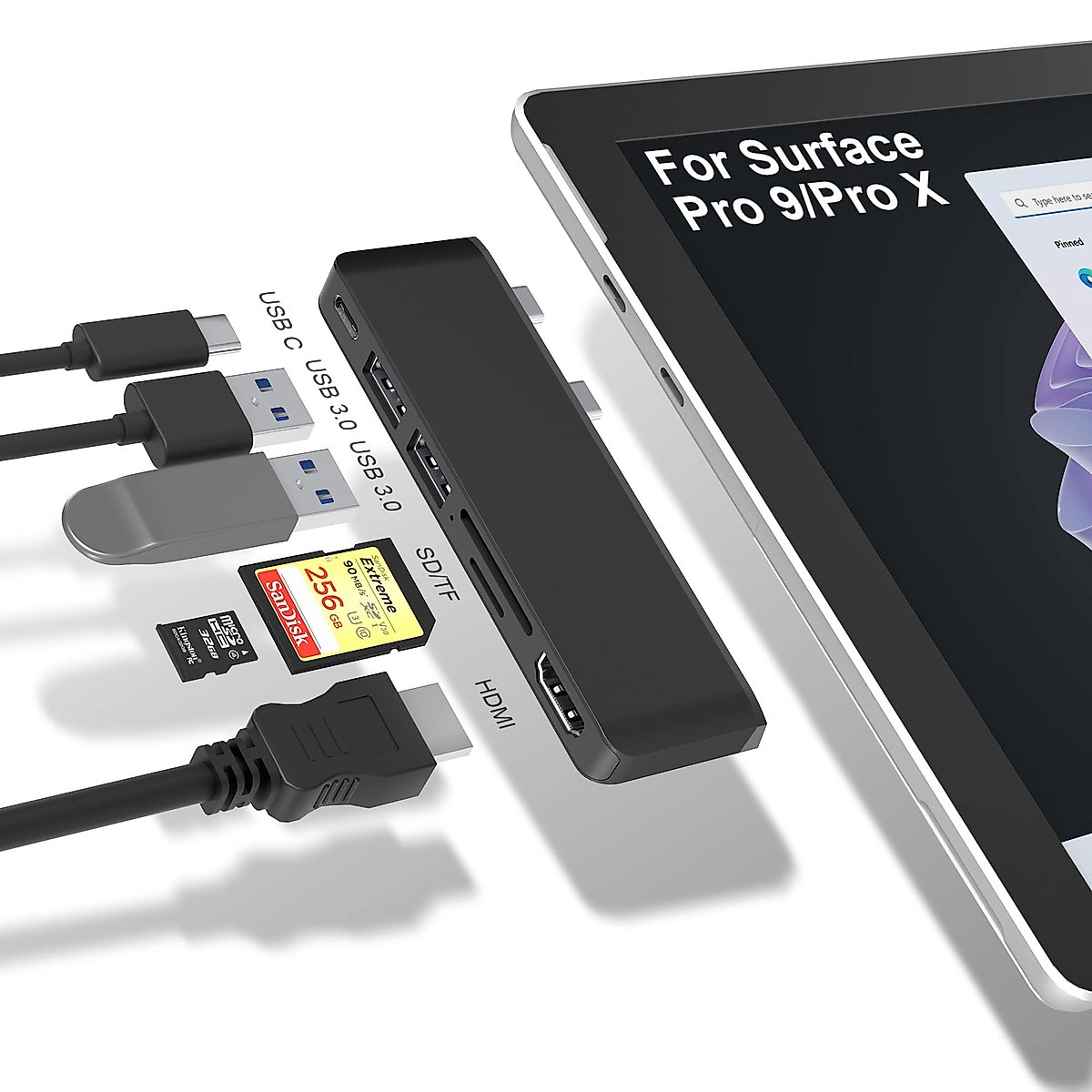 Surface Pro 9/Pro 11 Hub Docking Station Multi Port 6-in-2 with Thunerbolt4 USBC 4K Display 40Gbps Data PD Charging | HDMI | USB3.0 | microSD TF SD Card Reader for Microsoft Surface Pro 9/10/11/X
