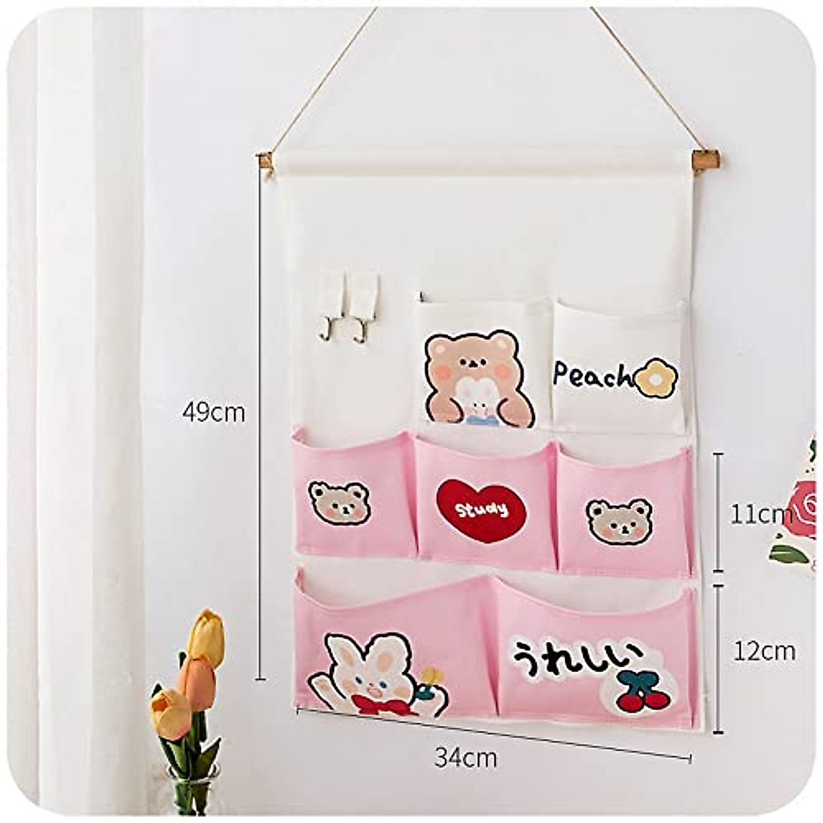 AONUOWE Japanese Cartoon Room Decor Cute Aesthetic Pastel Accessories for Room Decor Kawaii Wall Organizer Hanging Shelves (7 Pockets, Pink)