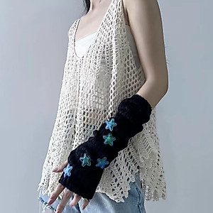 Y2K Women Teens Knitted Arm Warmers Japanese Harajuke Cosplay Star Lolita Cute Fingerless Mittens Thumb Hole Gloves (Black)