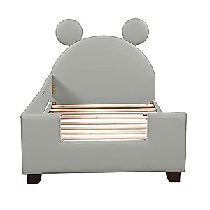 TARTOP Upholstered Twin Daybed Frame for Kids, PU Leather Twin Platform Bed with Carton Ears Shaped Headboard, Wood Twin Sofa Bed for Girls Boys, No Box Spring Needed,Gray