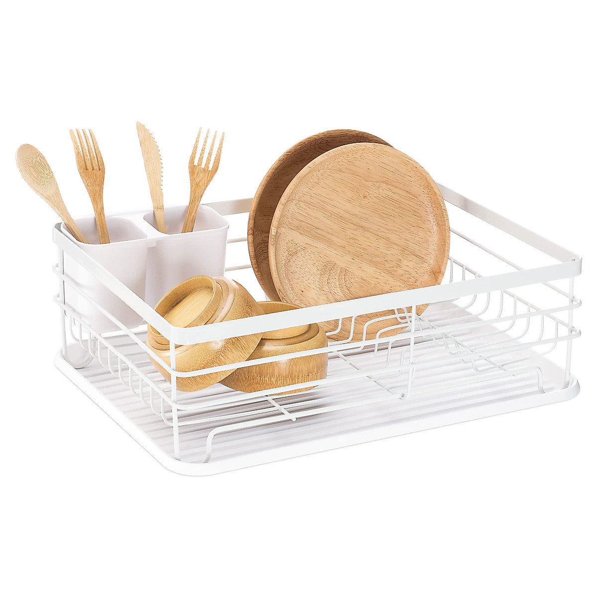 Navaris Dish Drainer Rack - Plate, Cutlery, Pots and Pans Drying Rack for Kitchen - Modern Retro Design Drip Tray with Metal Rack - White