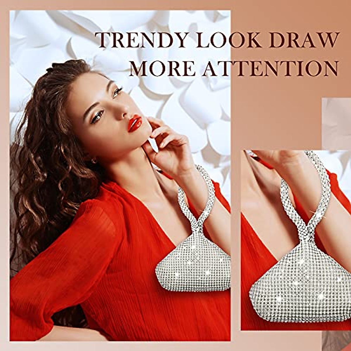 2 Pieces Women's Evening Handbags Rhinestone Clutch Wedding Purse Rhinestone Bag Triangle Bling Glitter Clutch Bag Round Ball Crystal Tassel Evening Bag for Bridesmaid Engagement Party(Silver)