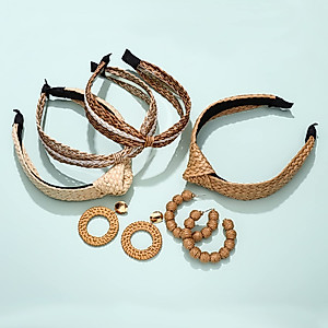 PHALIN 6Pack Straw Knotted Headband Rattan Earrings Set, Boho Woven Straw Raffia Rattan Hairbands, Wide Top Knot Headbands for Women Summer Beach Hair Accessory (4PCS+2Pairs)