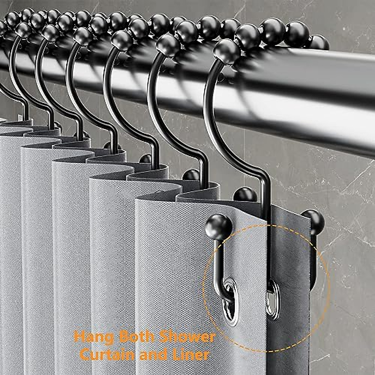 Shower Curtain Hooks, Double Glide Shower Hooks Rings for Bathroom Shower Rods Curtain, RustProof Metal Curtain Rod Hangers - Set of 12, Matte Black