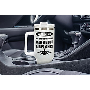 Elanze Designs Warning May Talk About Airplanes Pilot 40 oz. Stainless Steel, Large Water Bottle Coffee Mug, Spill & Leak Resistant, Thermal Travel Tumbler with Handle, Lid & Straw, White Shimmer