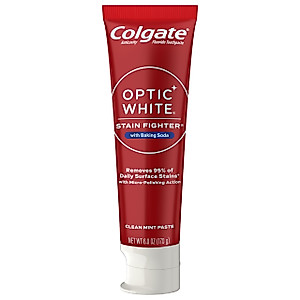 Colgate Optic White Stain Fighter with Baking Soda Whitening Toothpaste, Clean Mint Flavor, Removes Surface Stains, Enamel-Safe for Daily Use, Teeth Whitening Toothpaste with Fluoride, 6 Oz Tube