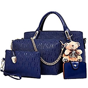 Women Ladies Leather Handbag 4pcs set Shoulder Tote Purse Satchel Messenger Bag (Dark Blue) (Dark Blue)