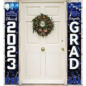 2023 Graduation Decorations-Class of 2023 Congrats Grad Porch Sign Banner,Door Hanging Welcome Banner for Blue Graduation Party Supplies