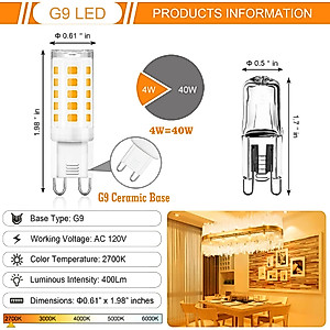 winshine 10 Pack G9 LED Bulb 4W (40W Halogen Equivalent) 2700K Soft White, T4 Chandelier Light Bulbs G9 Bi Pin Ceramic Base, No-Flicker 120V AC 400 Lumen 360°Beam Angle No-Dimmable
