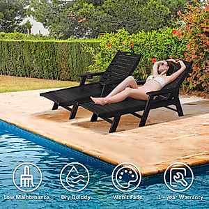 nalone Chaise Lounge Set of 2 Outdoor with 5-Position Adjustable Backrest, HDPE Lounge Chair for Outside Supports Up to 400 LBS, Pool Lounge Chairs for Patio Poolside Deck Beach Backyard (Black)