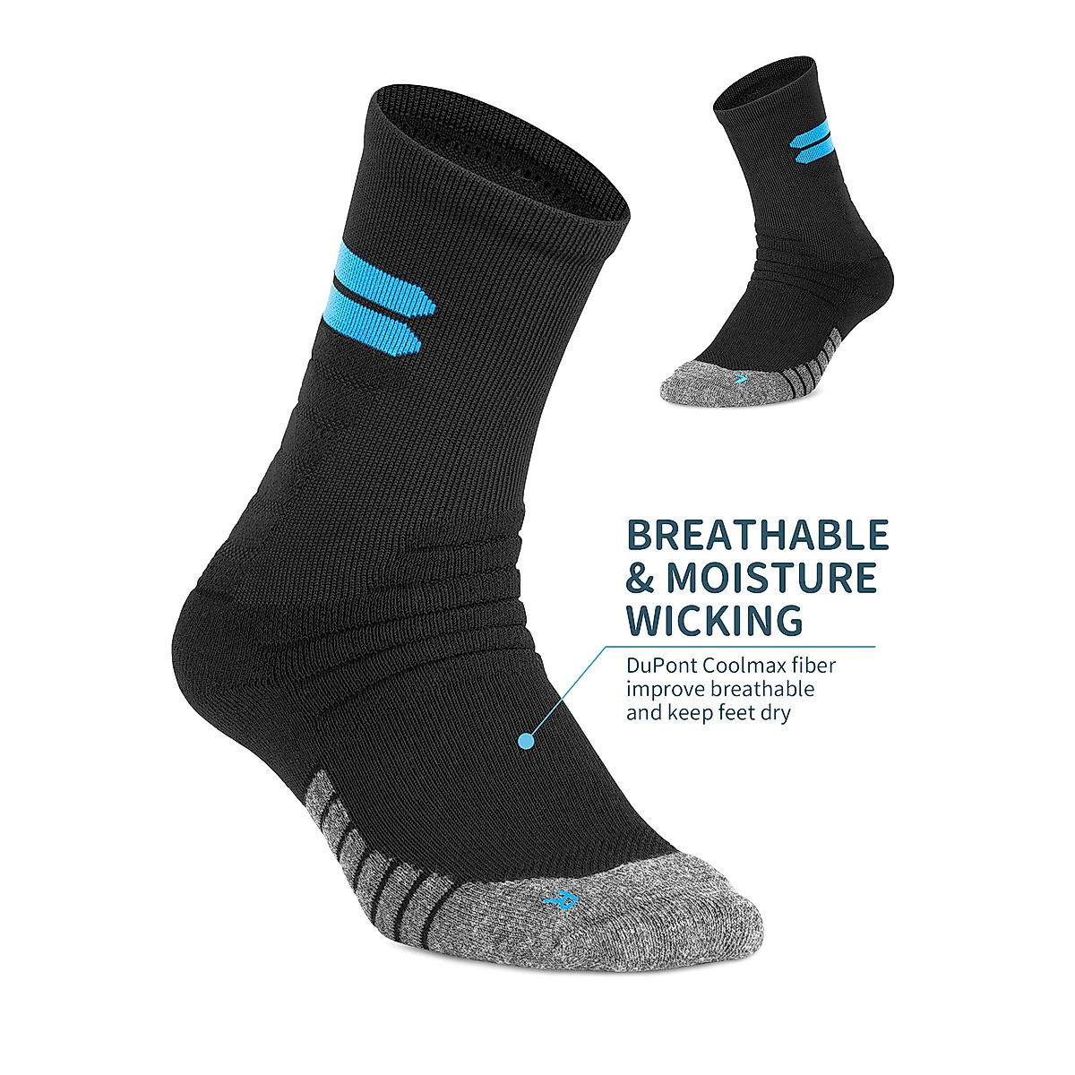 AKASO Crew Athletic Running Coolmax Socks, Anti-Odor Moisture Wicking Anti-Blister Seamless Socks for Hiking Men and Women (2 Pairs) (Black M)