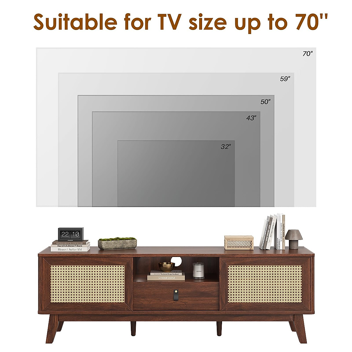 Boho Natural Rattan TV Stand 70 Inch for Living Room, Mid Century Modern TV Stand with Storage & Detachable Drawers,Farmhouse Media Console Entertainment Center with Hand Made Rattan Doors