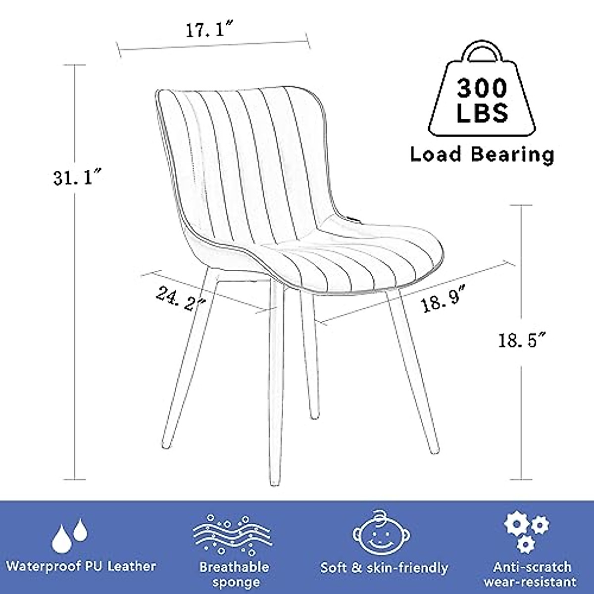 YOUNUOKE Dining Chairs Set of 2 Upholstered Mid Century Modern Lounge Chair Armless Faux Leather Makeup Chairs with Padded Backs Metal Legs Adjustable Feet for Kitchen Living Room Bedroom Khaki