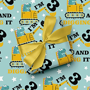 WRAPAHOLIC 3rd Birthday Wrapping Paper Sheet - 6 Sheets Adorable Dinosaurs Driving Digger Design Folded Flat for Birthday, Party, Baby Showers - 19.7 Inch X 27.5 Inch Per Sheet