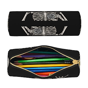 Rock And Roll Skeleton Skull Boho Hippie Cylinder Pencil Case Holder Zipper Pen Bag Pouch Students Stationery Cosmetic Bag