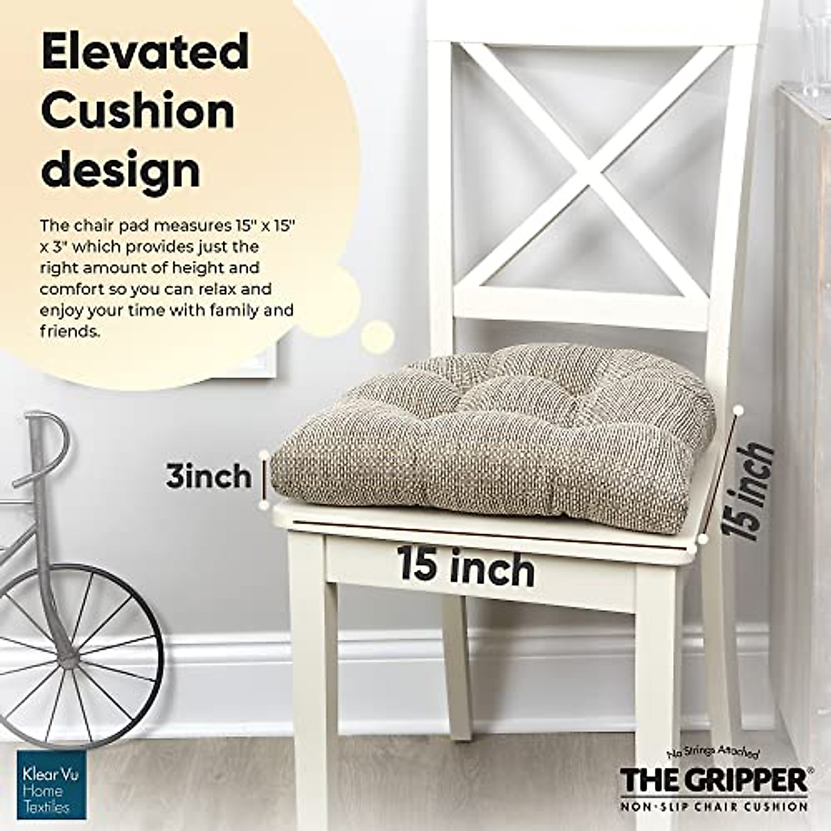 Klear Vu Tyson Gripper Universal Non-Slip Chair Cushions for Dining Room, Kitchen and Office Use, U-Shaped Skid-Proof Overstuffed Seat Pad, 15x15 Inches, 2 Count (Pack of 1), Natural