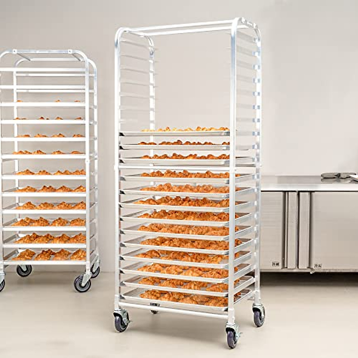 Restaurantware Kitchen Tek 28.25 x 18 x 69.25 Inch Bun Pan Rack 1 Sideload Sheet Pan Rack - Full-Height 2 Locking & 2 Non-locking Casters Silver Aluminum Bun Pan Rack With Wheels Holds 20 Pans