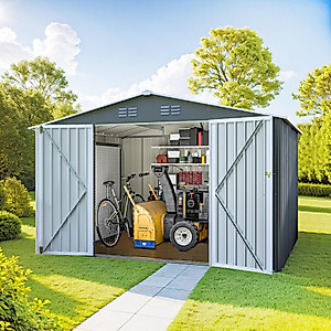 DHPM Outdoor Sheds 10FT x 8FT & Outdoor Storage Clearance, Metal Anti-Corrosion Utility Tool House with Lockable Door & Shutter Vents, Waterproof Storage Garden Shed for Backyard Lawn Patio