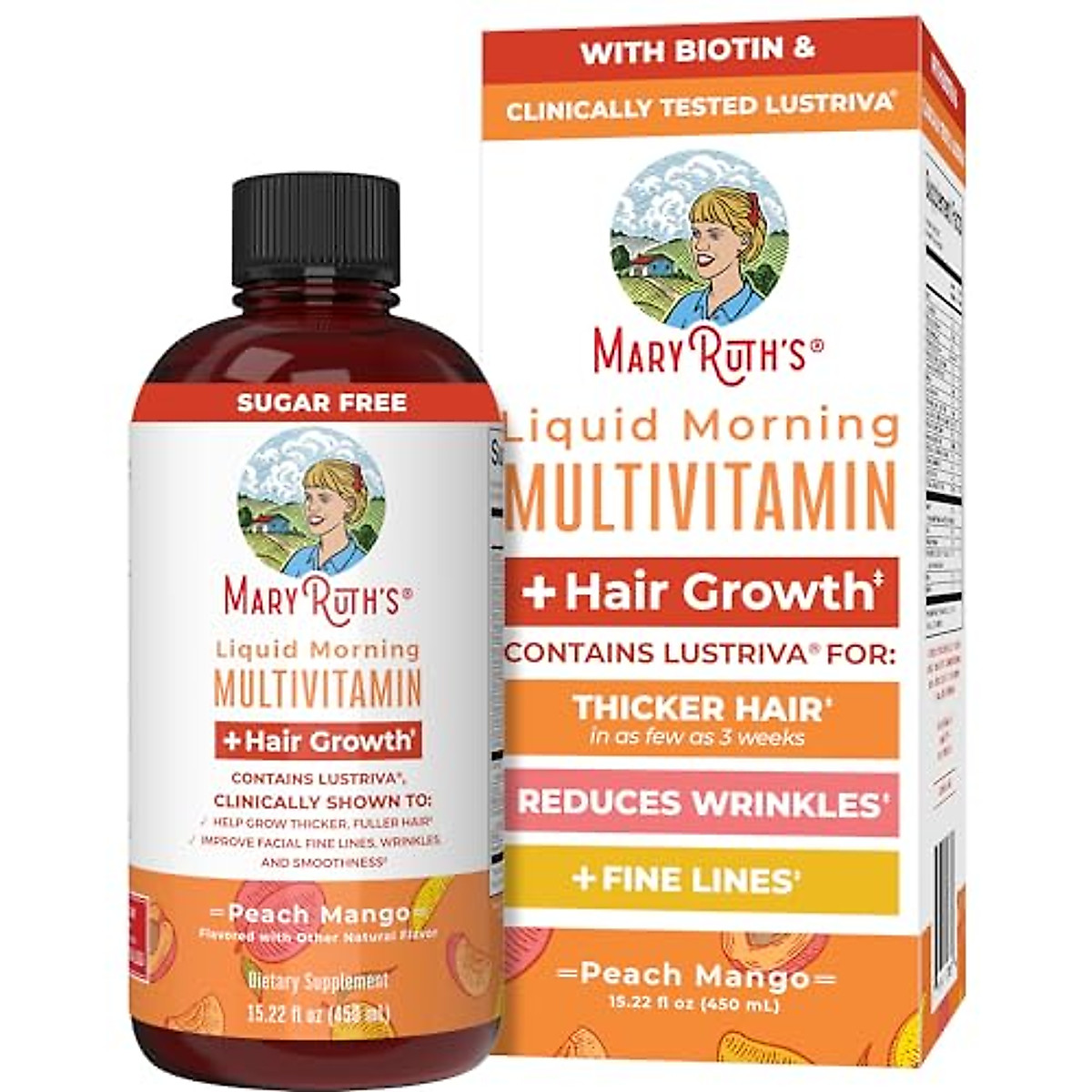 MaryRuth Organics Liquid Multivitamin Lustriva® Hair Growth for Women| Biotin 10000mcg | Vitamin D, B |Clinically Tested for Thicker Hair, Wrinkles, Fine Lines, Skin Care| Ages 18 | 15.22 Fl Oz