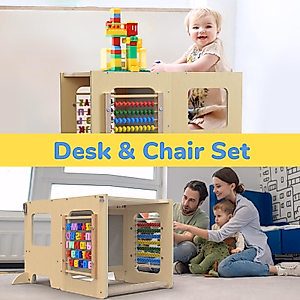 Toddler Kitchen Stool Helper, Toddler Tower, Foldable Weaning Table with Chalkboard and Plaything, Montessori Kids Foldable Step Stool and Kids Learning Standing Tower for Bathroom and Counter