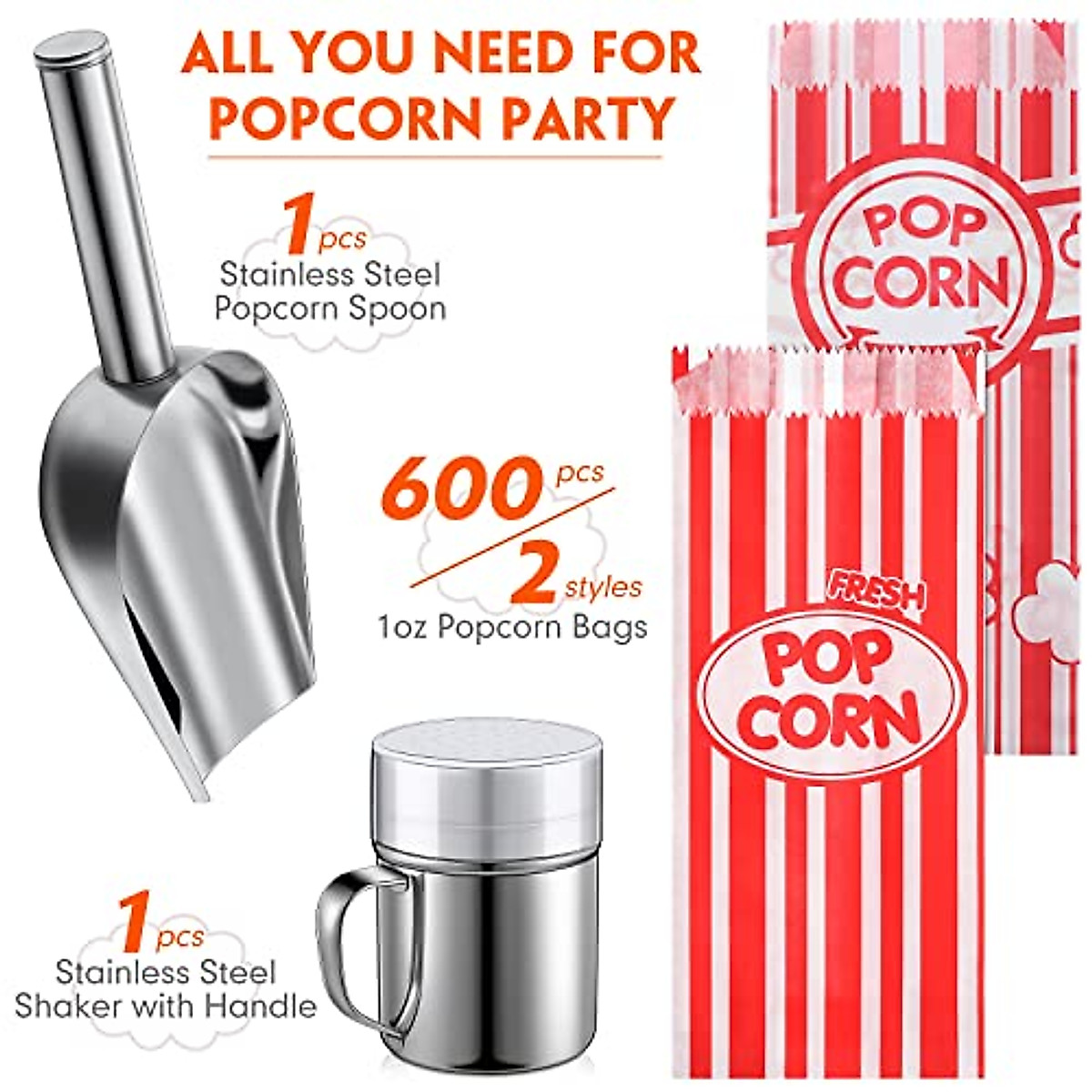 602 Pcs Popcorn Maker Supplies Set Includes 600 Popcorn Paper Bags 1 oz Popcorn Individual Bags 1 Popcorn Scoops 1 Popcorn Seasoning Dredge Shaker with Handle for Home Kitchen Movie Party Use