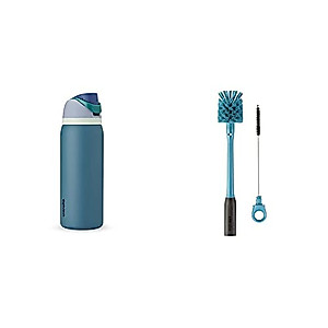 Owala FreeSip Insulated Stainless Steel Water Bottle with Straw for Sports and Travel, BPA-Free, 40-oz, Blue/Teal (Denim) & 2-in-1 Water Bottle and Straw Cleaning Brush, Smokey Blue