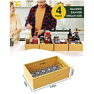 VenDotbi Bamboo Drawer Organizer Storage Box, Multi-Use Stackable Tray Drawer Organizer for Kitchen, Bathroom, Office Desk, Makeup, Jewelry-4Pack