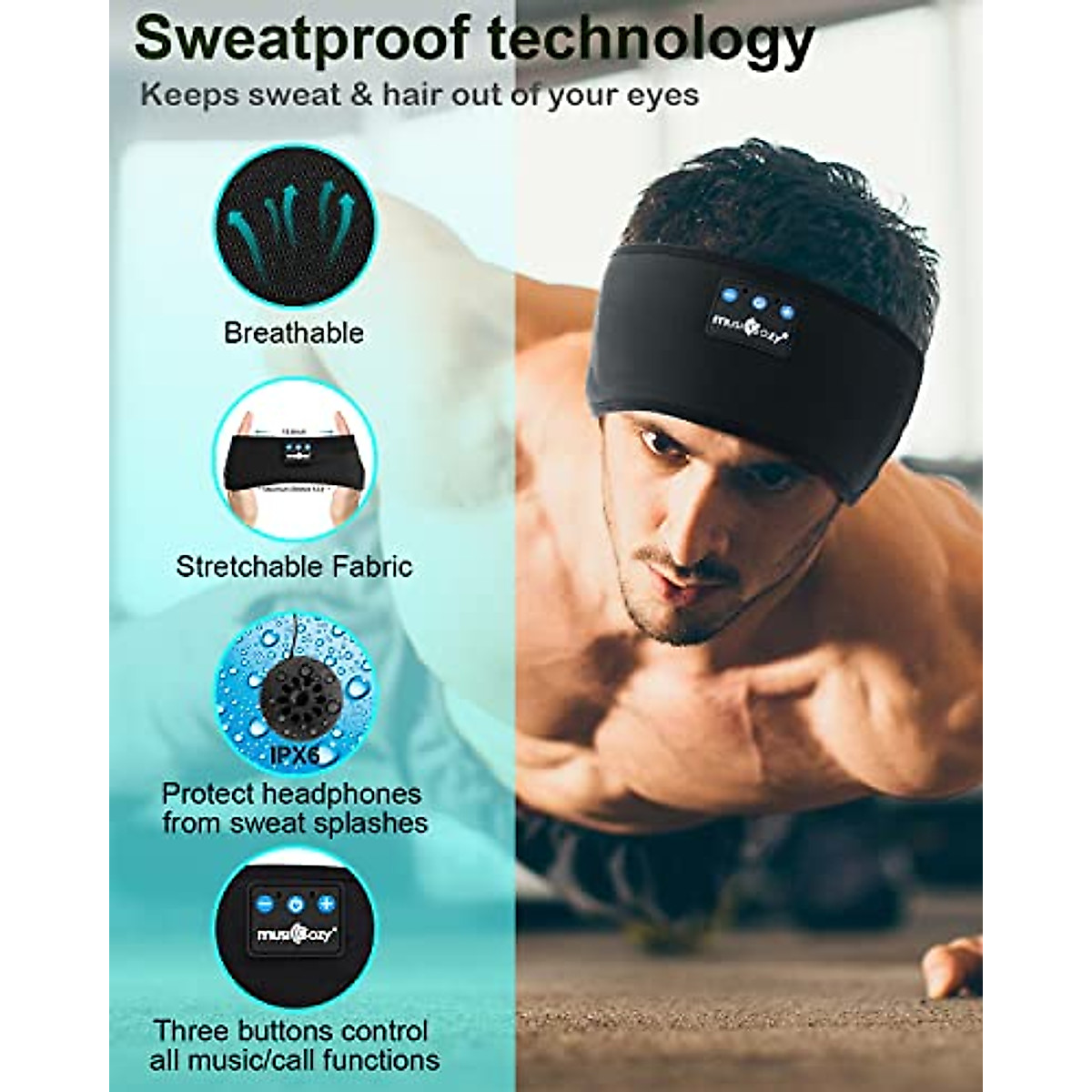 MUSICOZY Sleep Headphones Wireless Bluetooth 5.2 Sports Headband, Bluetooth Ear Muffs for Winter Side Sleepers Workout Running Insomnia Travel Yoga Office Cool Gadgets Tech Unique Gifts, 2 Pack