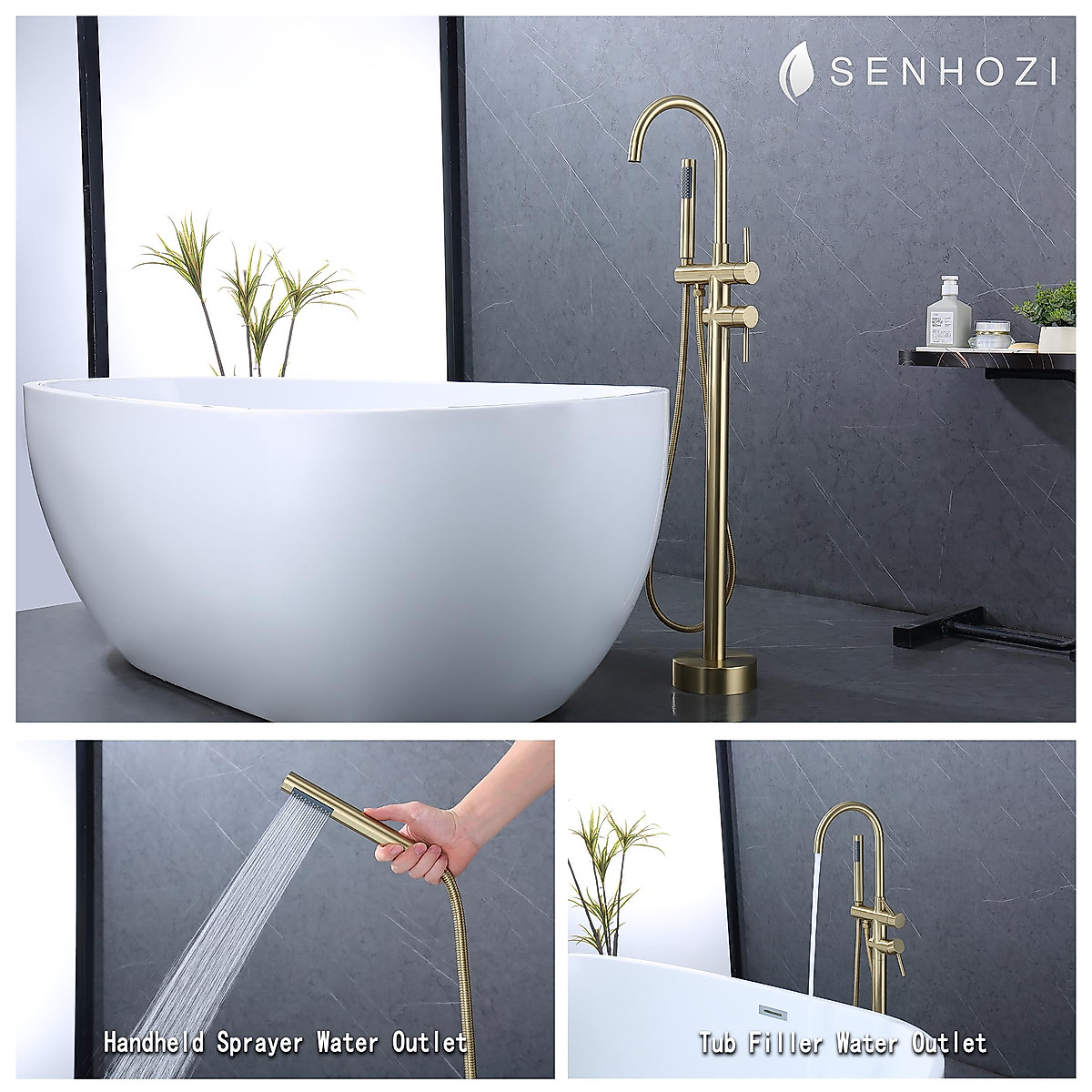 Freestanding Tub Faucet Floor Mount Tub Fillers Freestanding, Senhozi Brushed Gold Free Standing Tub Faucets, Mixer Tap Two Handle Gold Freestanding Bathtub Faucet with Hand Shower, SE-3001-BG
