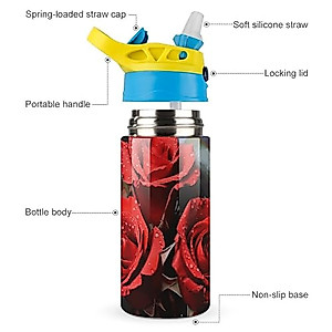Stainless Steel Water Bottles Romantic Red Roses Travel Water Cups with Handle And Silicone Straw Drinking Cup with Leak Proof Lid Thermo Travel Mug for Women Men