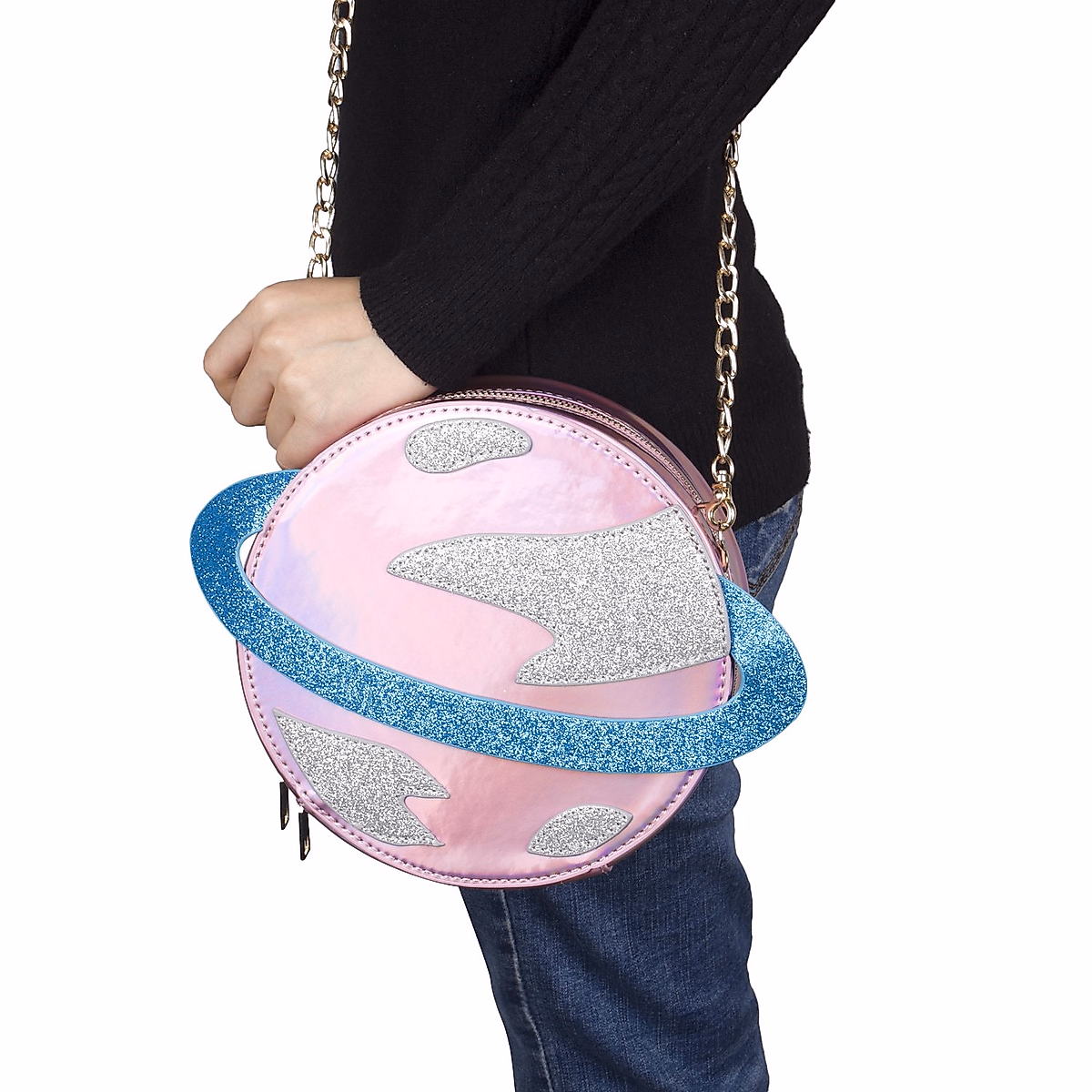LUI SUI-Stunning Parent-child Circular planet party bag women Bestie handbag laser planet orbit bag cute shoulder bag C54 (Parent, Pink)