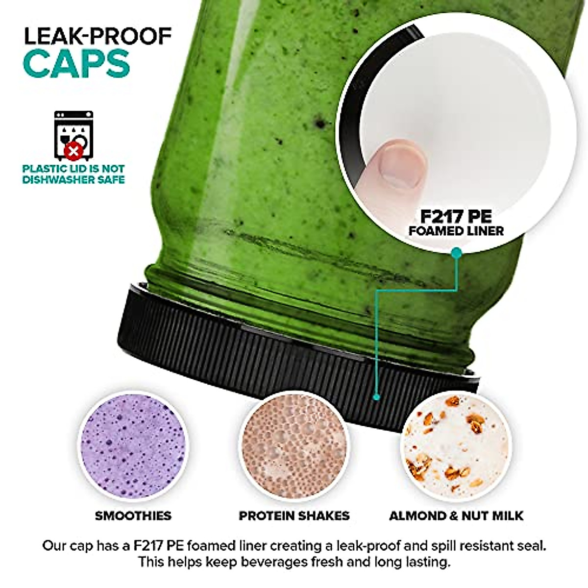 16 oz Glass Jars with Plastic Caps (12 Pack) - Reusable Food Grade Glass Bottles - Dishwasher Safe - Leak-Proof Lids - Travel Bottle for Smoothies & Juicing, Shakes, Milk, Honey - Stock Your Home