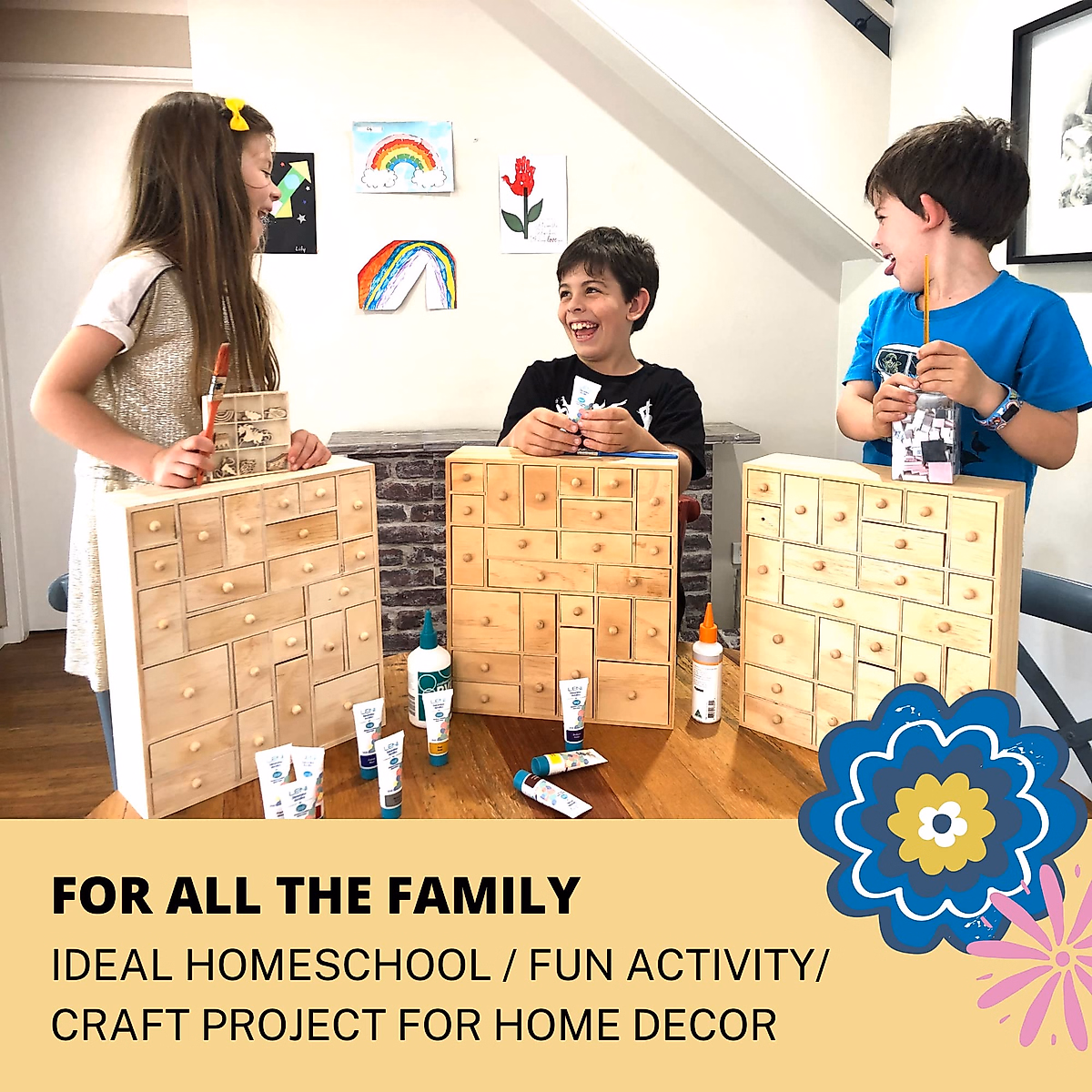 Hyggehaus DIY Wooden Advent Calendar Apothecary Cabinet Craft Storage organiser with Drawers for Decorating or Natural Wood. Handles Detached. Comes in Gift Box