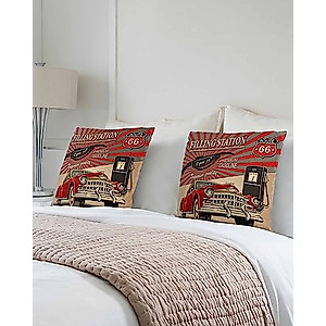 Set of 2 Throw Pillow Covers Square Pillow Case Retro Filling Station Car Posters Cotton Linen Cushion Case Pillowcase for Sofa Couch Bed, Living Room Bedroom Decorative, 18 x 18 Inches
