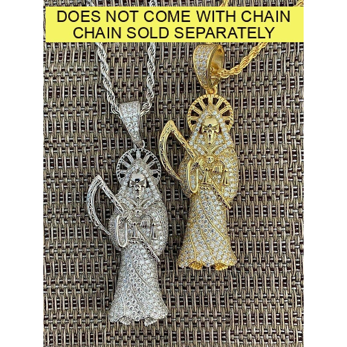 Solid 925 Sterling Silver - Large Men's Grim Reaper Death Pendant - Iced Santa Muerte Piece - Great Necklace (gold-plated-silver)