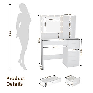 DINGIPP Makeup Vanity Desk with Lighted Mirror and Charging Station, Makeup Table with 4 Drawers & Storage Shelves, Vanity Desk 3 Color Modes Available, Bedroom Dressing Table for Women, girls (White)