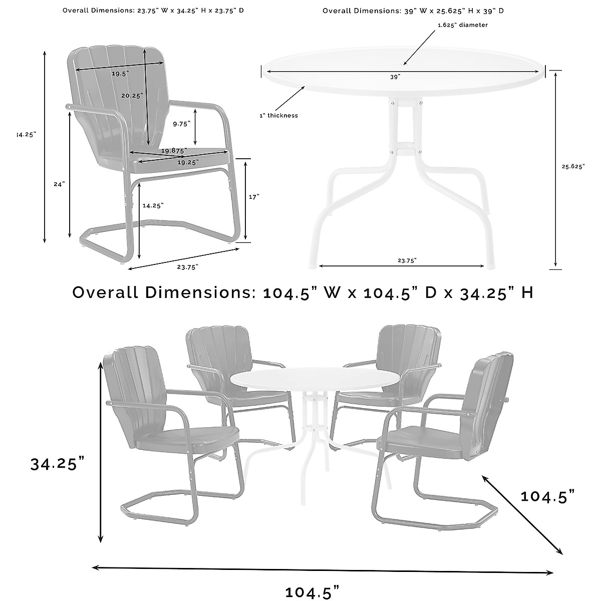 Crosley Furniture Ridgeland 5-Piece Outdoor Dining Set for 4, Retro Metal Round Patio Table and Chairs, Turquoise Gloss