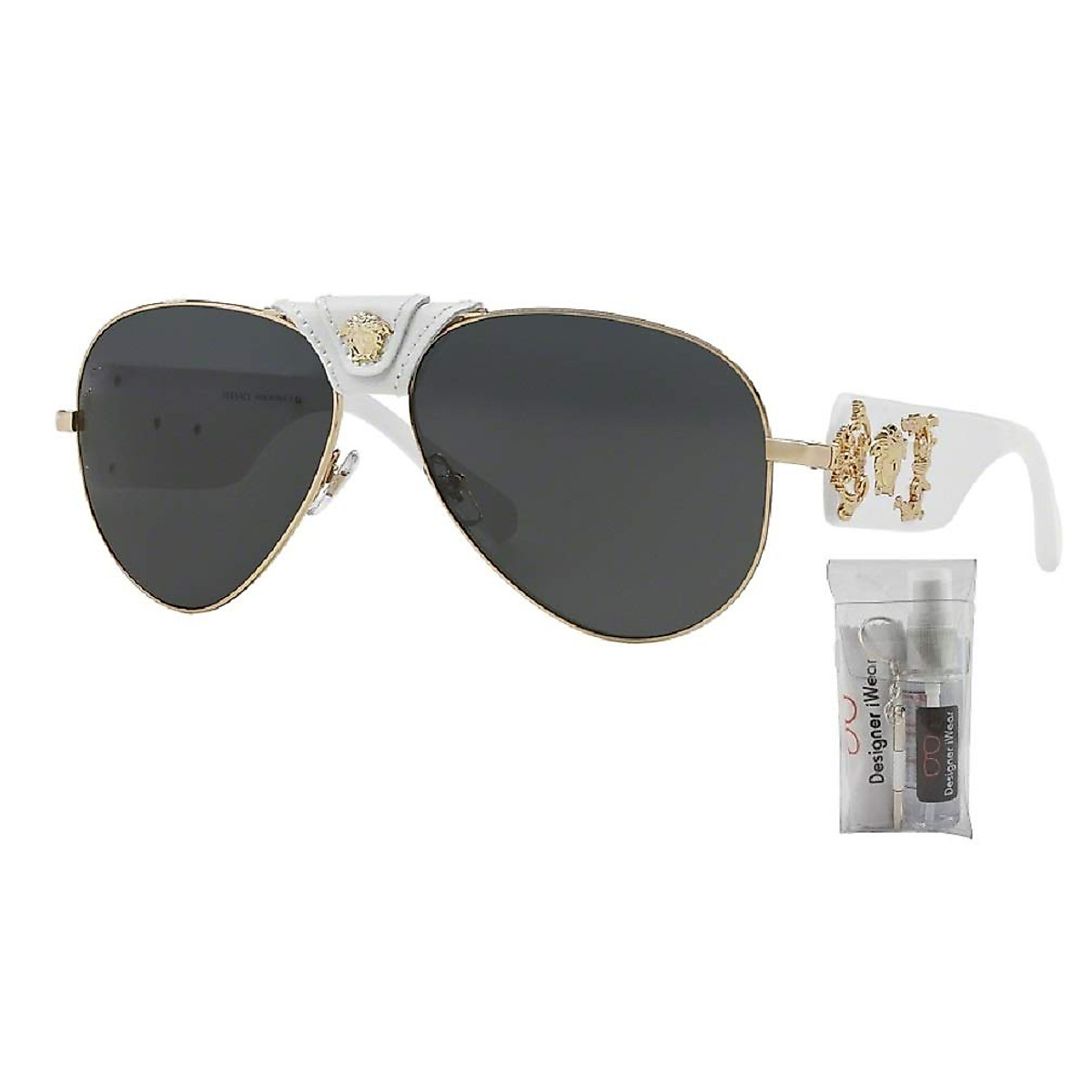 Versace VE2150Q 134187 62M Gold/Grey Pilot Sunglasses For Men For Women + BUNDLE with Designer iWear Eyewear Kit