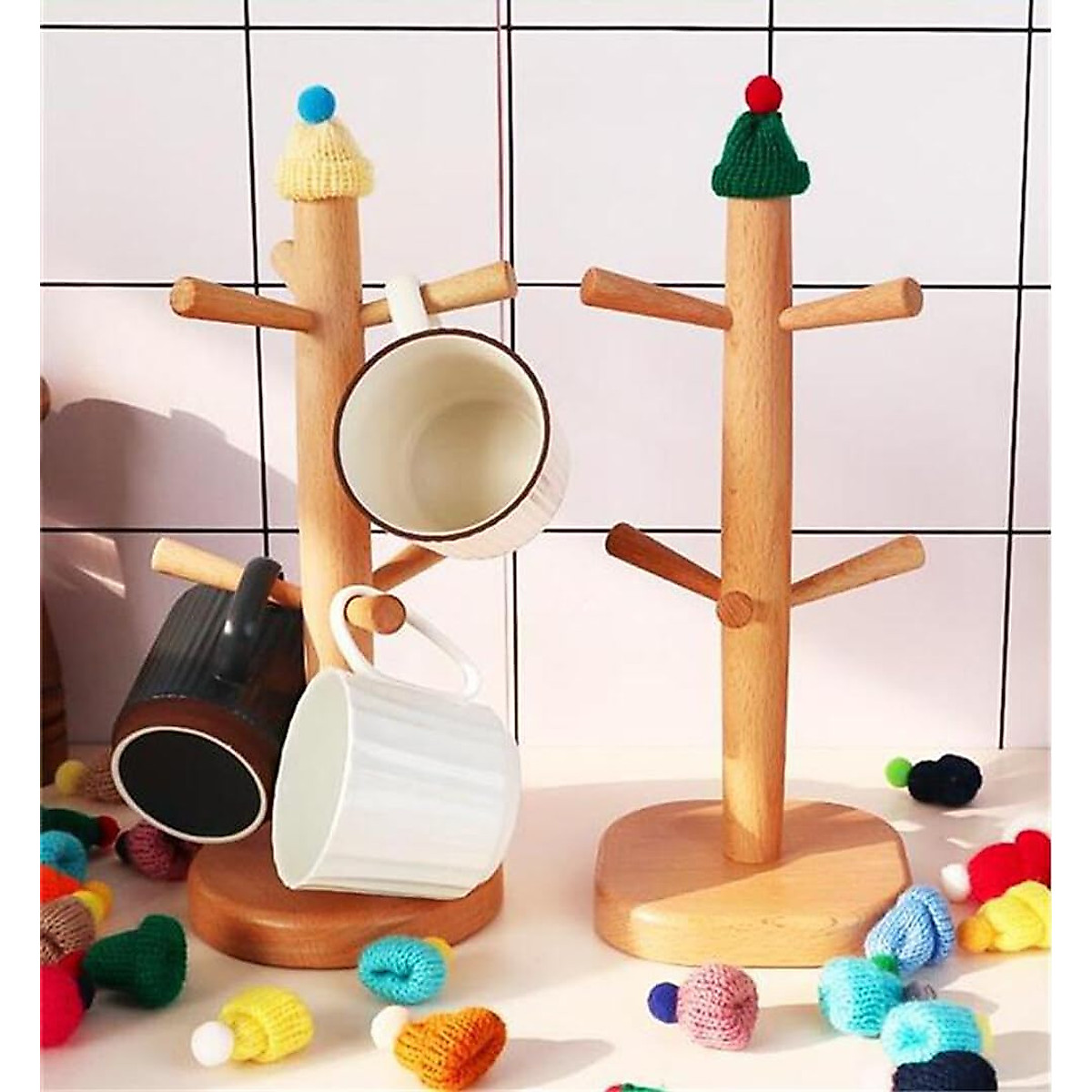 TUPANDY Mug Holder Wooden Mug Rack Tree with 6 Hooks Coffee Cup Organizer Stand Wood Mug Hanger Stand for Display Coffee Mugs Glasses and Cups for Kitchen Dinnerware Storage, FBA-HYYU66899