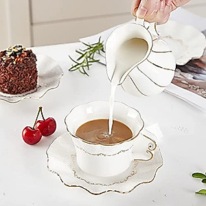 DUJUST Tea Cups and Saucers Set of 6 (8.5 OZ), Luxury Tea Cup Set with Golden Trim, Relief Printing Coffee Cups with Metal Stand, British Royal Porcelain Tea Party Set - White