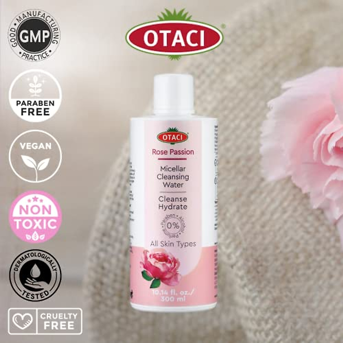OTACI Rose Passion Micellar Cleansing Water, Face Cleansing Makeup Skin Remover Wash Rosewater Hydrating Moisturizer