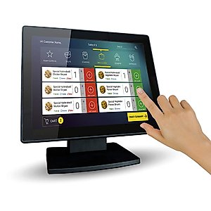 12-Inch Capacitive Multi-Touch POS TFT LED Touchscreen Monitor, True Flat Seamless Design with Adjustable POS Stand for Retail Restaurant, HDMI & VGA Inputs, High Resolution 1024 x 768